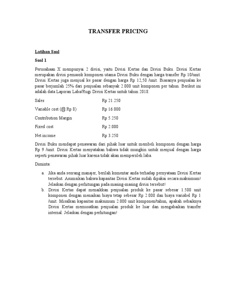 Contoh Soal Transfer Pricing Divisi | PDF | Bisnis | Pengelolaan ...