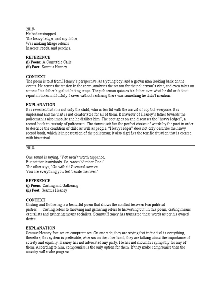 Reference (I) Poem: A Constable Calls (Ii) Poet: Seamus Heaney Context ...