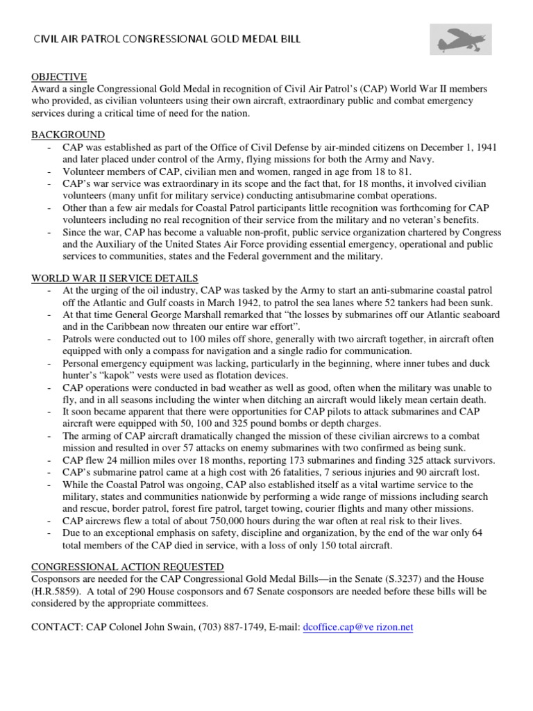 CAP Congressional Gold Medal | PDF | Civil Air Patrol | Submarines