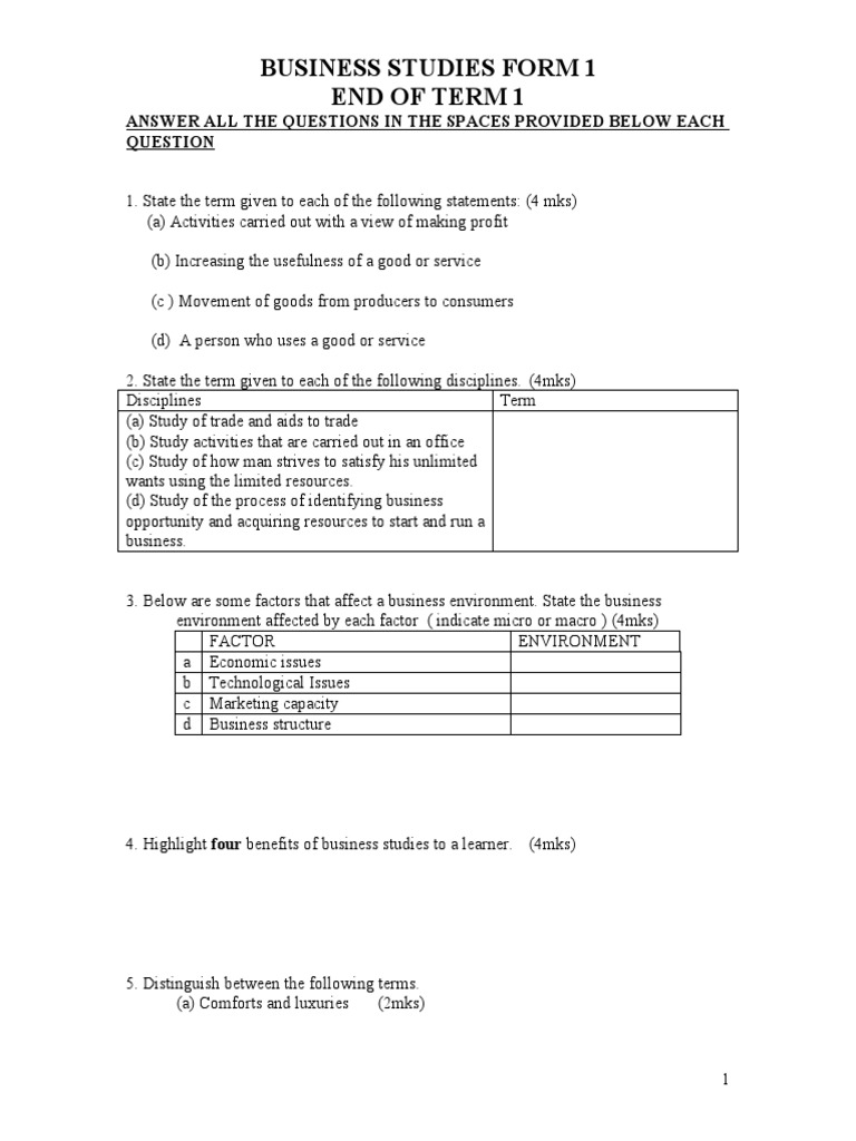 Business-Studies-Form-1 - WK 2 | PDF | Resource | Economies