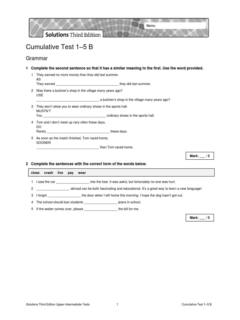 Cumulative Test 1-5 B: Grammar | PDF | Body Language | Semiotics
