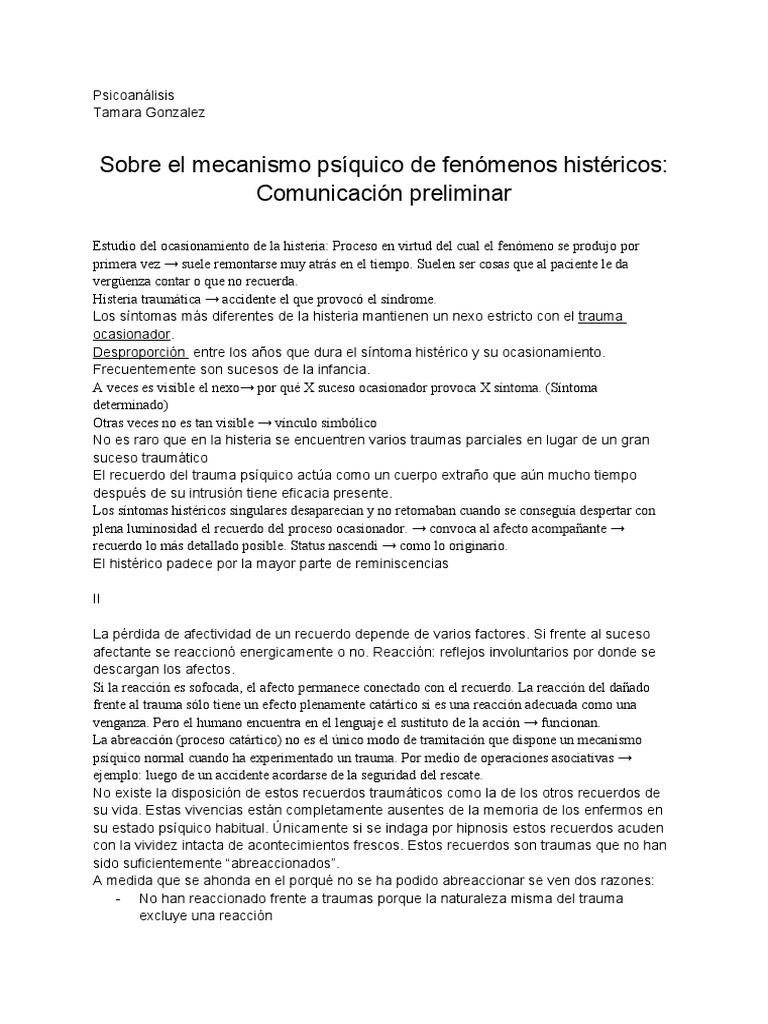 Sobre El Mecanismo Psíquico de Fenómenos Histéricos - Comunicación Preliminar | PDF | Trauma ...