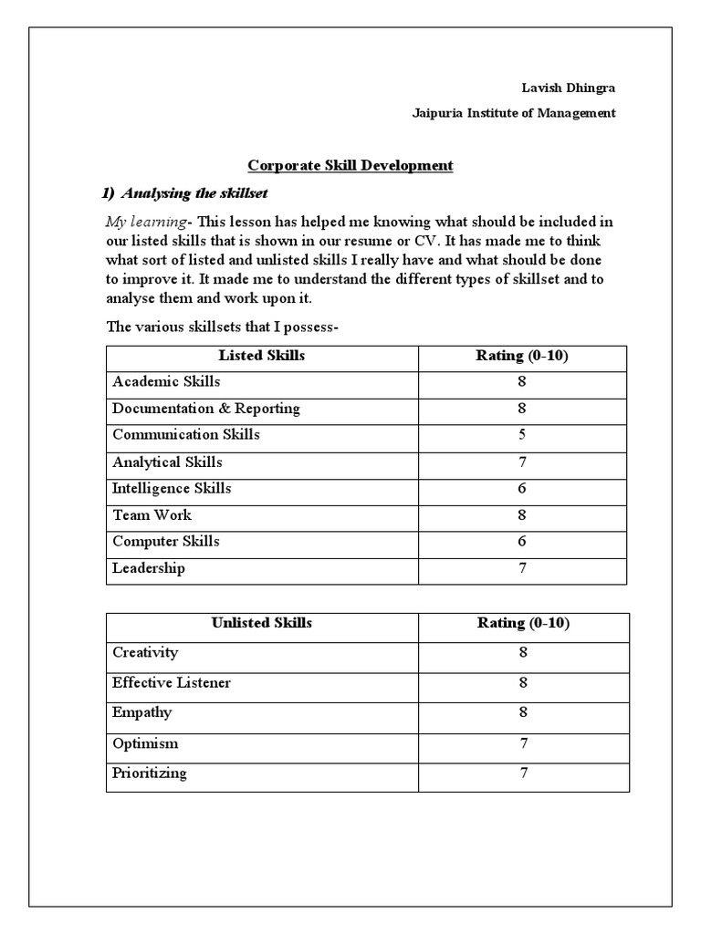 Developing My Skillset Through Self-Reflection and Goal Setting | PDF ...