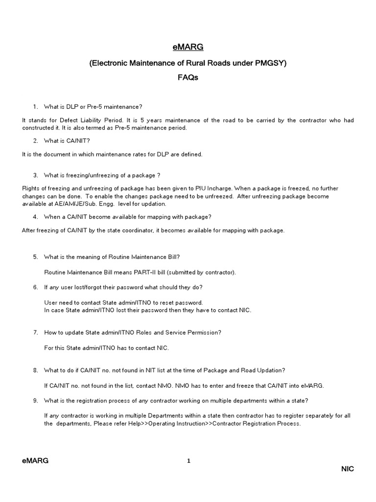 (Electronic Maintenance of Rural Roads Under PMGSY) Faqs: Emarg | PDF ...