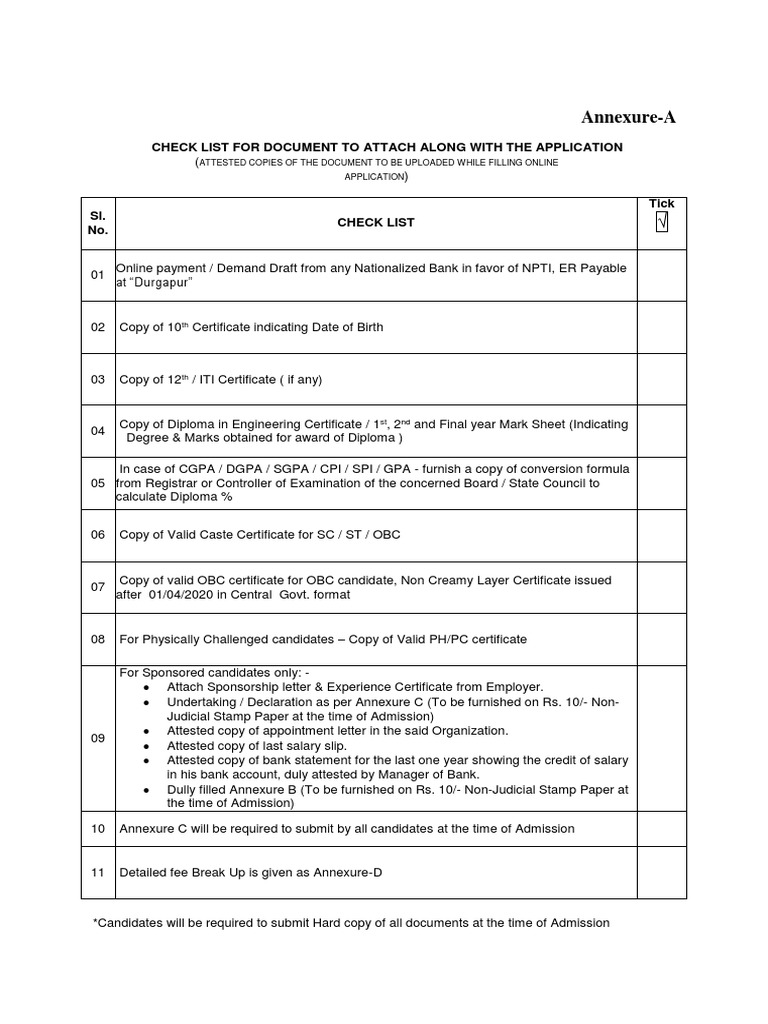 Annexure-A: Check List For Document To Attach Along With The ...