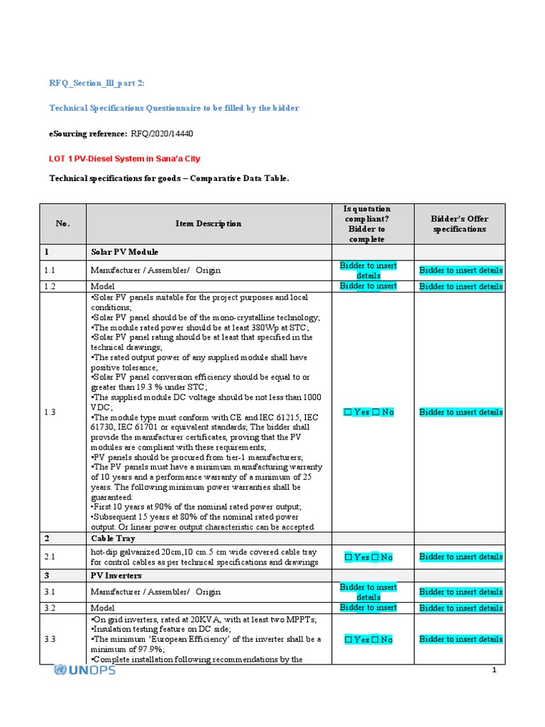 RFQ - Section - III - Technical Specifications Questionnaire - Part 2 ...