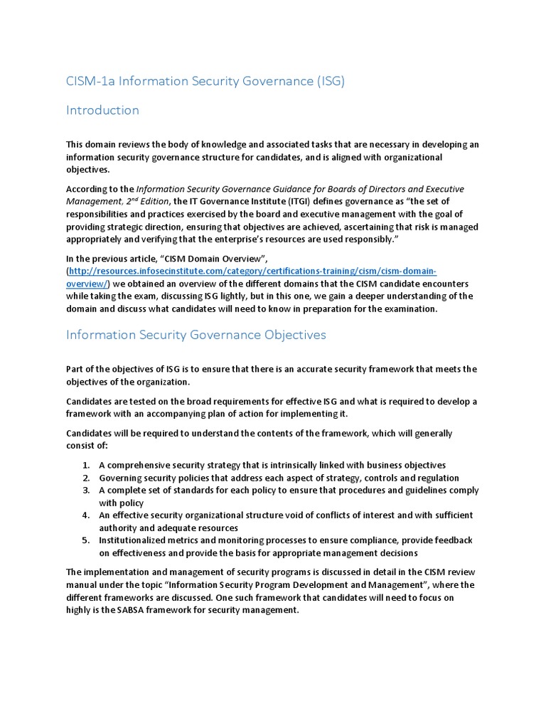 CISM 1a Information Security Governance PDF | PDF | Information Security | Governance