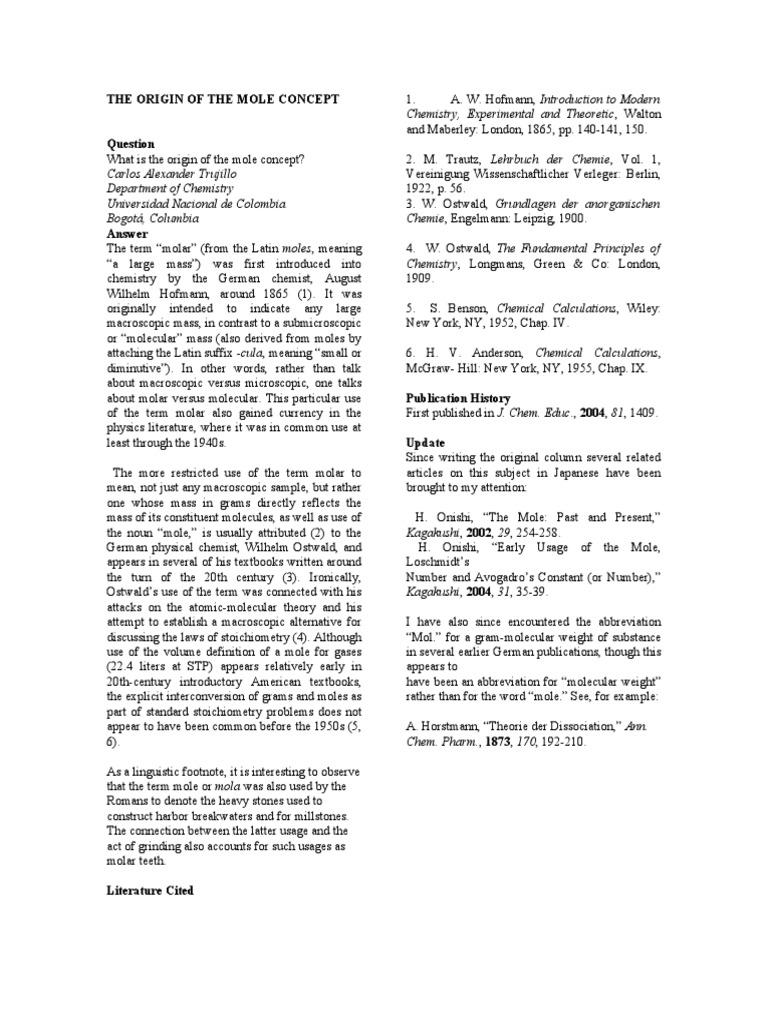 Origin and Evolution of Mole Concept | PDF | Mole (Unit) | Chemistry