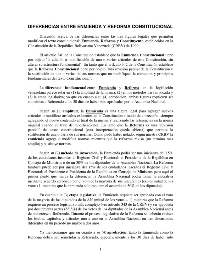 Diferencias Entre Enmienda y Reforma Constitucional | PDF | Enmienda ...
