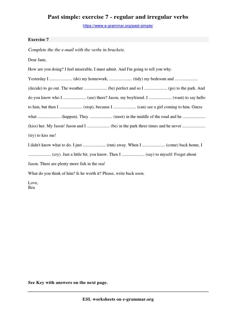 Past Simple: Exercise 7 - Regular and Irregular Verbs: Complete The The ...