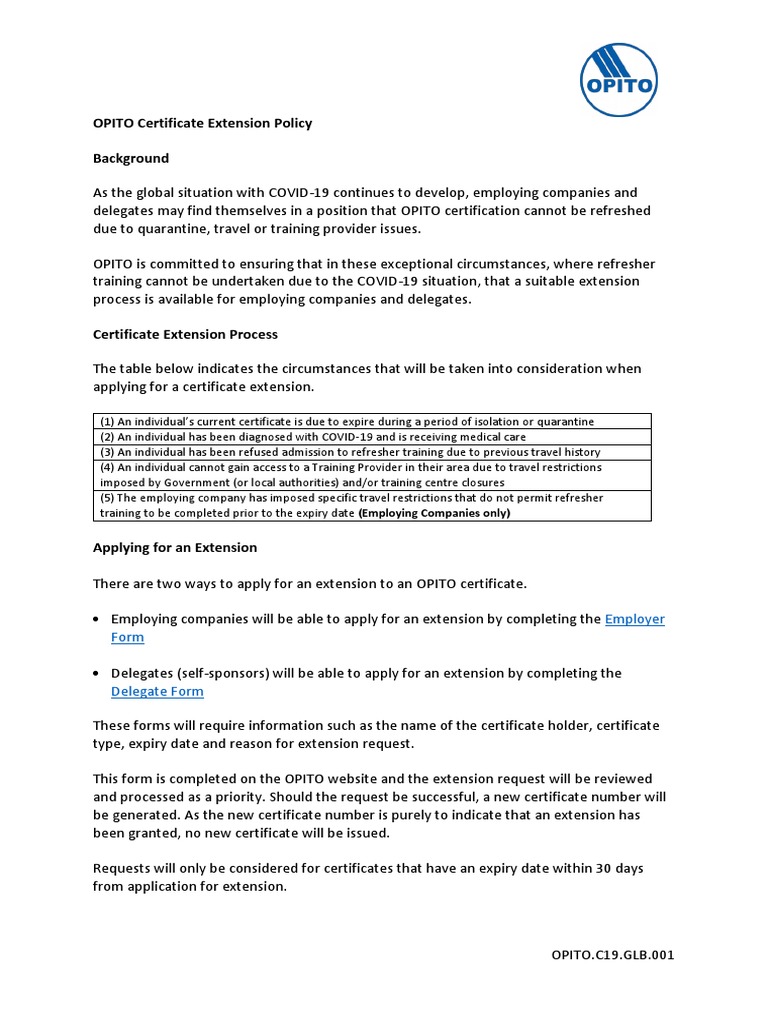 OPITO Certificate Extension Policy Background: Employer Form | PDF | Government | Government ...