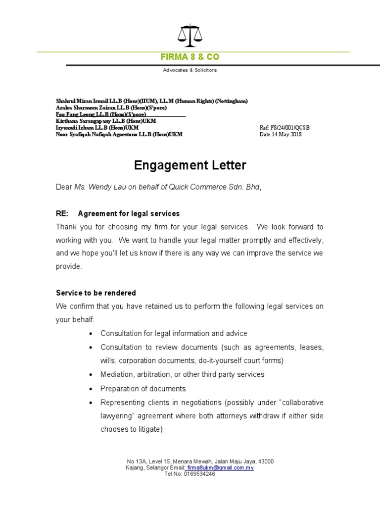 Agreement for Legal Services: An Engagement Letter from FIRMA 8 & Co to ...