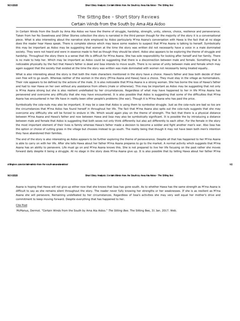 Short Story Analysis - Certain Winds From The South by Ama Ata Aidoo ...