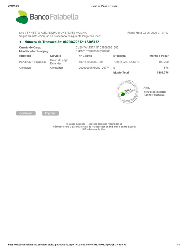 Comprobante Pago Falabella Visa Edith Mes de Junio 2020 PDF | PDF ...