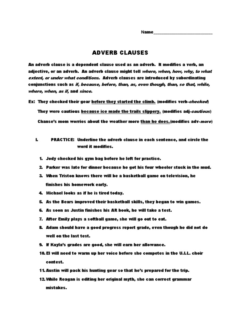 Adverb Clauses Practice Worksheet | PDF