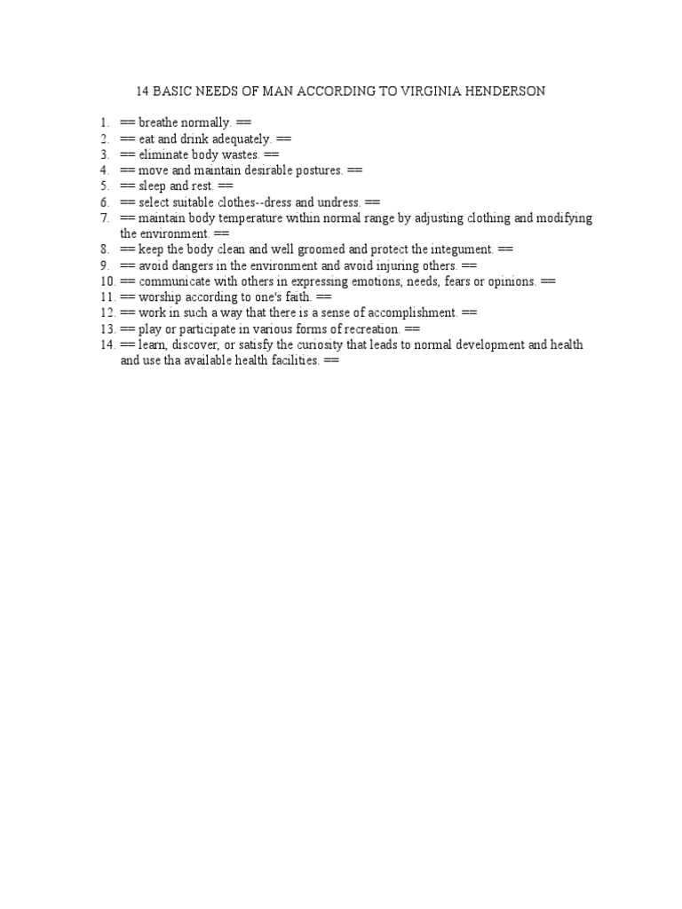 14 Basic Needs of Man According To Virginia Henderson | PDF | Wellness