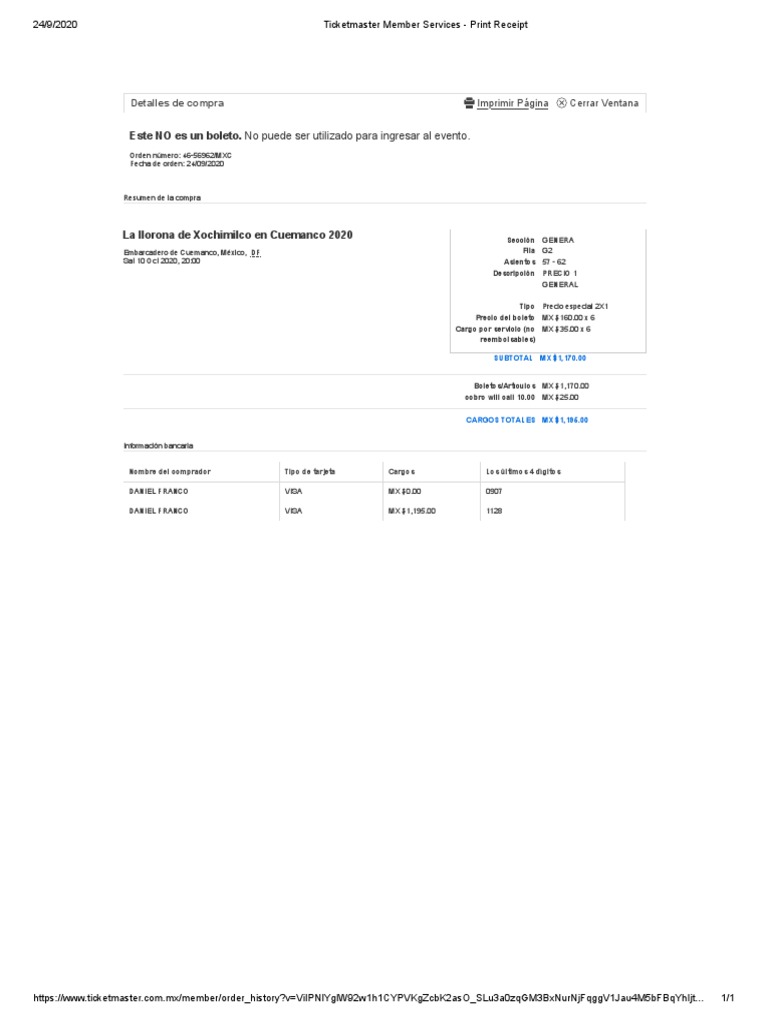 Ticketmaster Member Services - Print Receipt PDF | PDF
