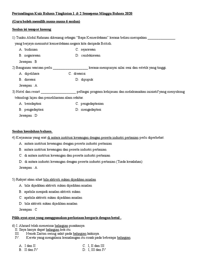 Pertandingan Kuiz Bahasa Tingkatan 1 & 2 | PDF