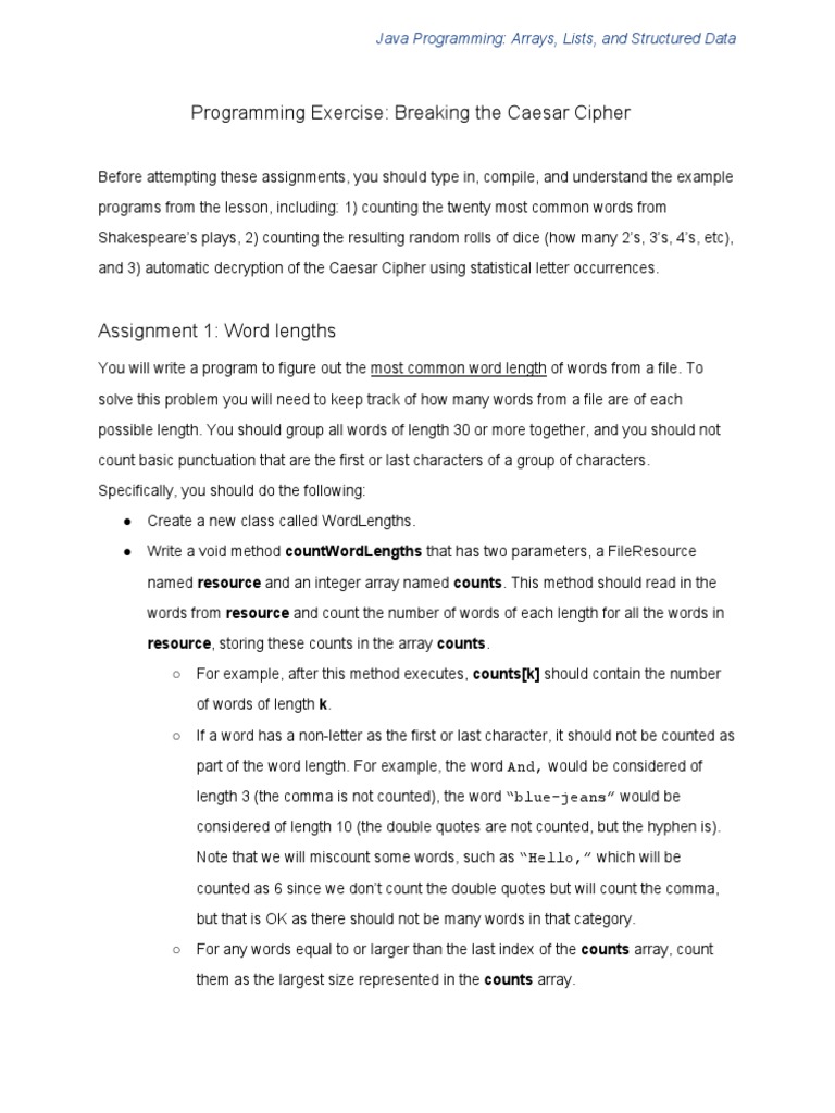 Programming Exercise: Breaking The Caesar Cipher: Java Programming: Arrays, Lists, and ...