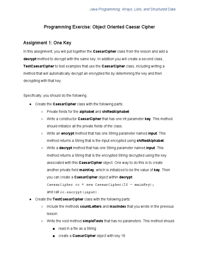Programming Exercise: Object Oriented Caesar Cipher: Java Programming ...