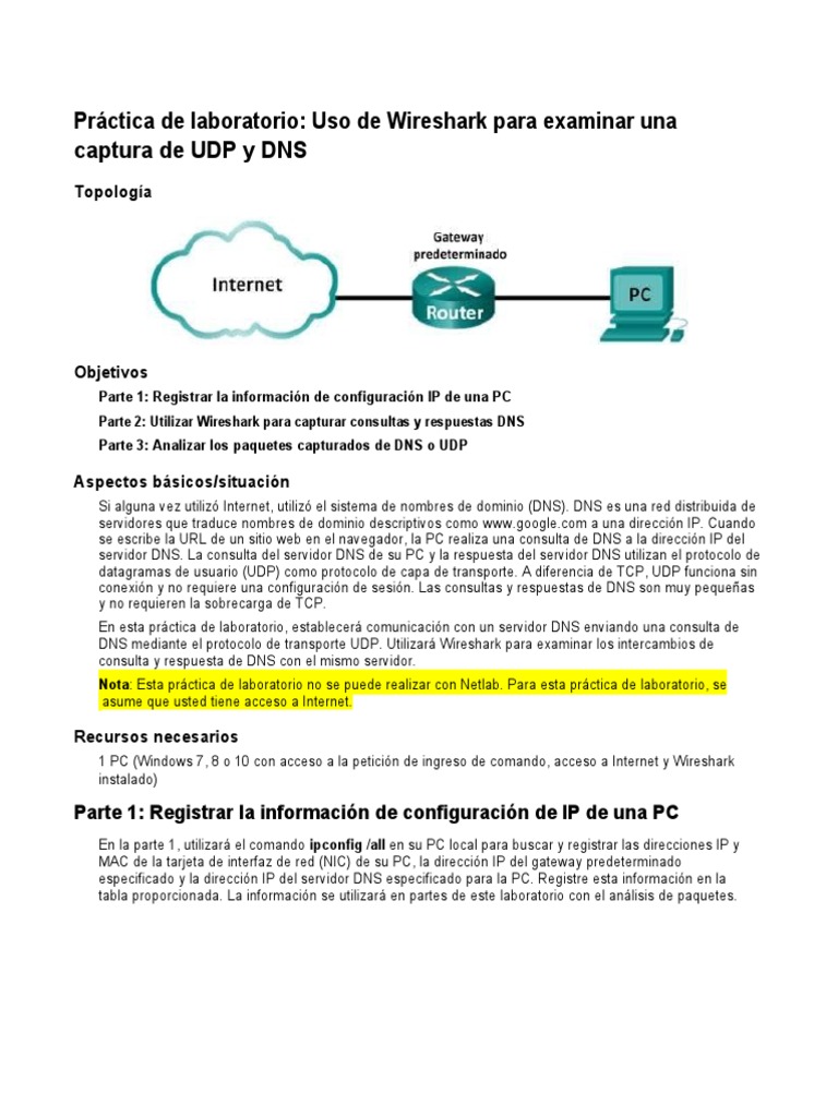Práctica de Laboratorio Uso de Wireshark para Examinar Una Captura UDP de DNS | PDF | sistema de ...