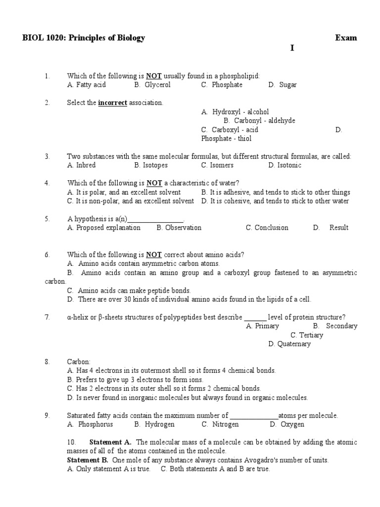 BIOL 1020: Principles of Biology Exam I | PDF | Chemical Bond | Enzyme