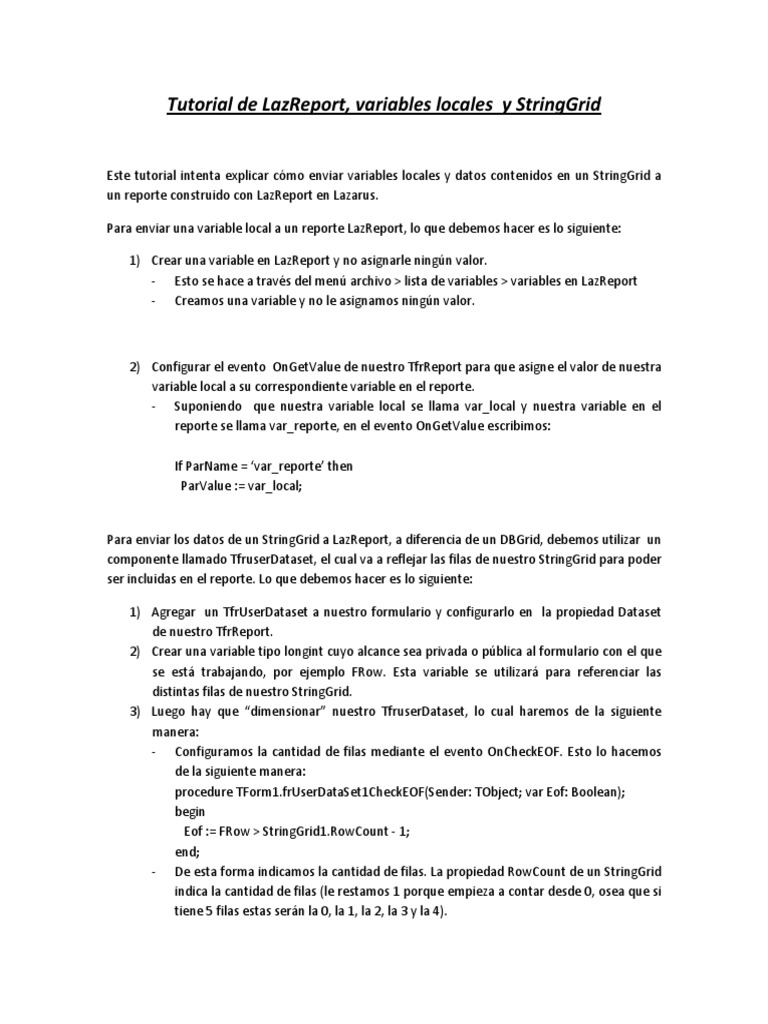 LazReport: Variables y StringGrid | PDF | Programación de computadoras | Informática