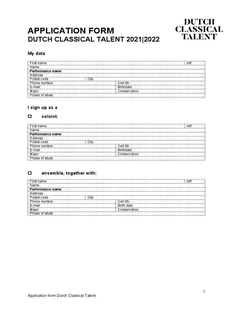 Application Form: Dutch Classical Talent 2021 - 2022 | PDF | Musical ...