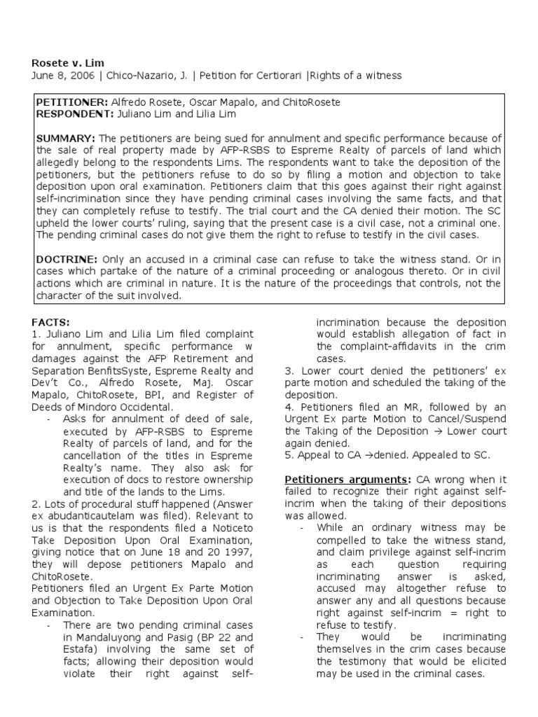 Rosete vs. Lim (Digest) | PDF | Deposition (Law) | Subpoena