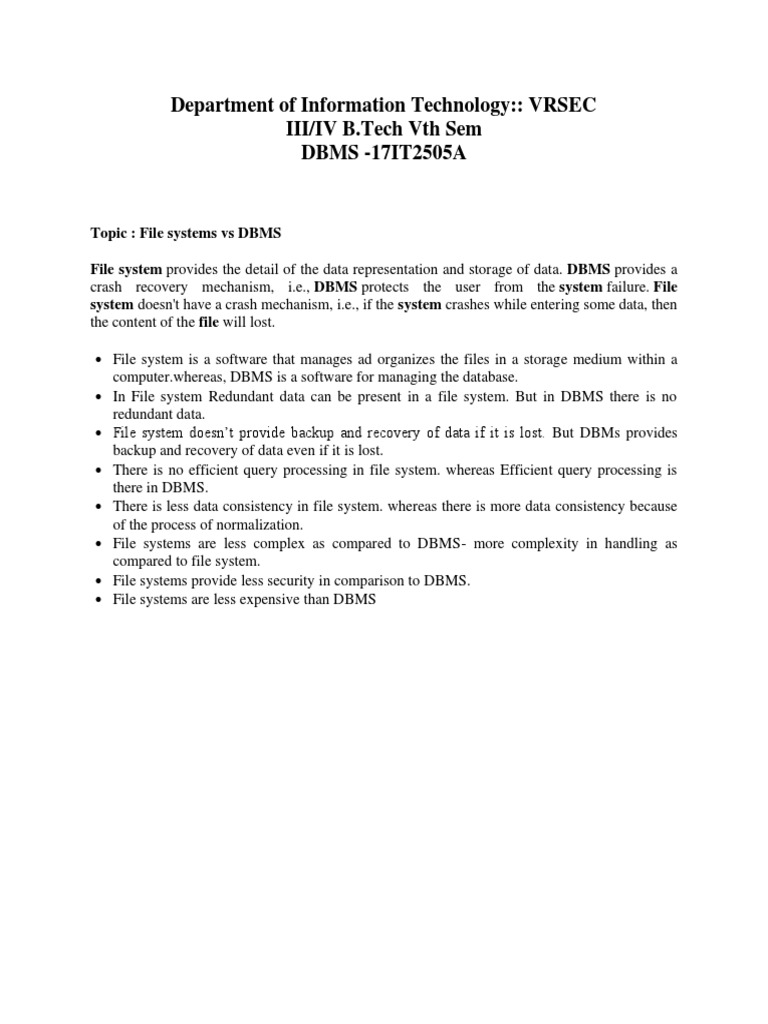 Department of Information Technology:: VRSEC III/IV B.Tech VTH Sem DBMS ...