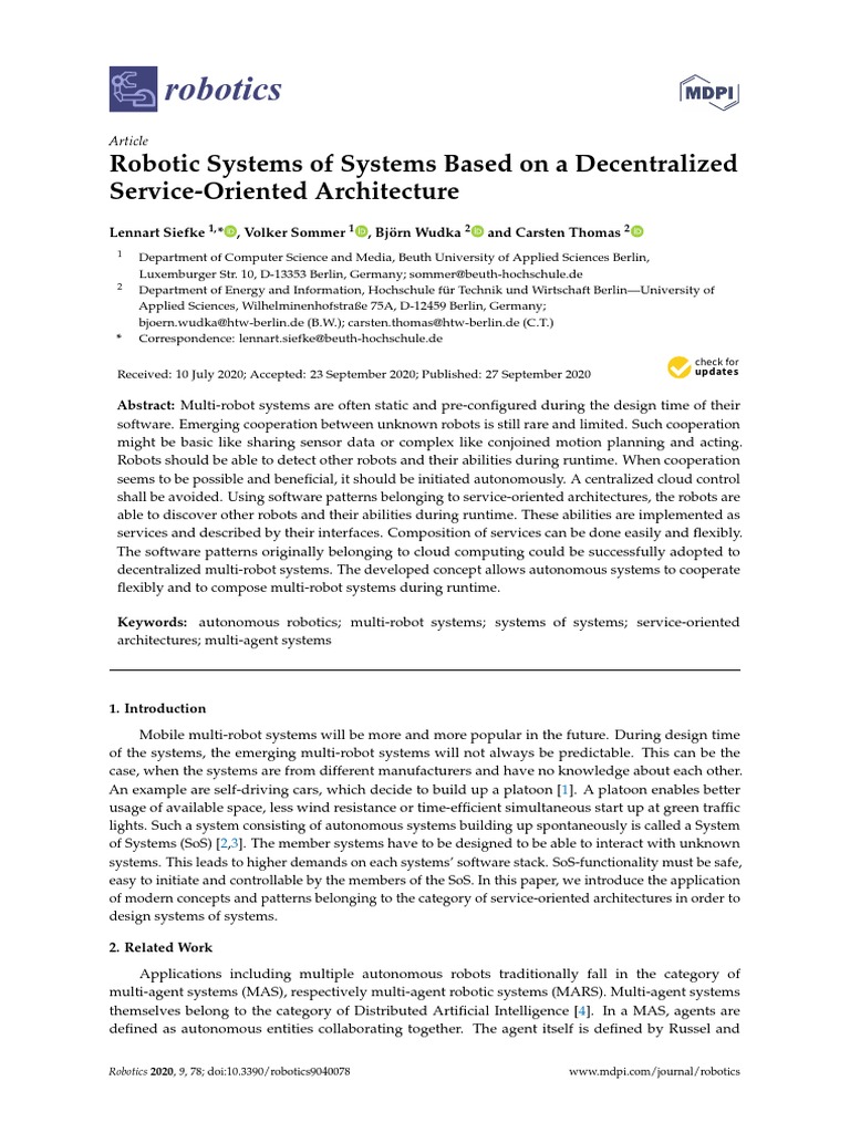 Robotics: Robotic Systems of Systems Based On A Decentralized Service-Oriented Architecture ...