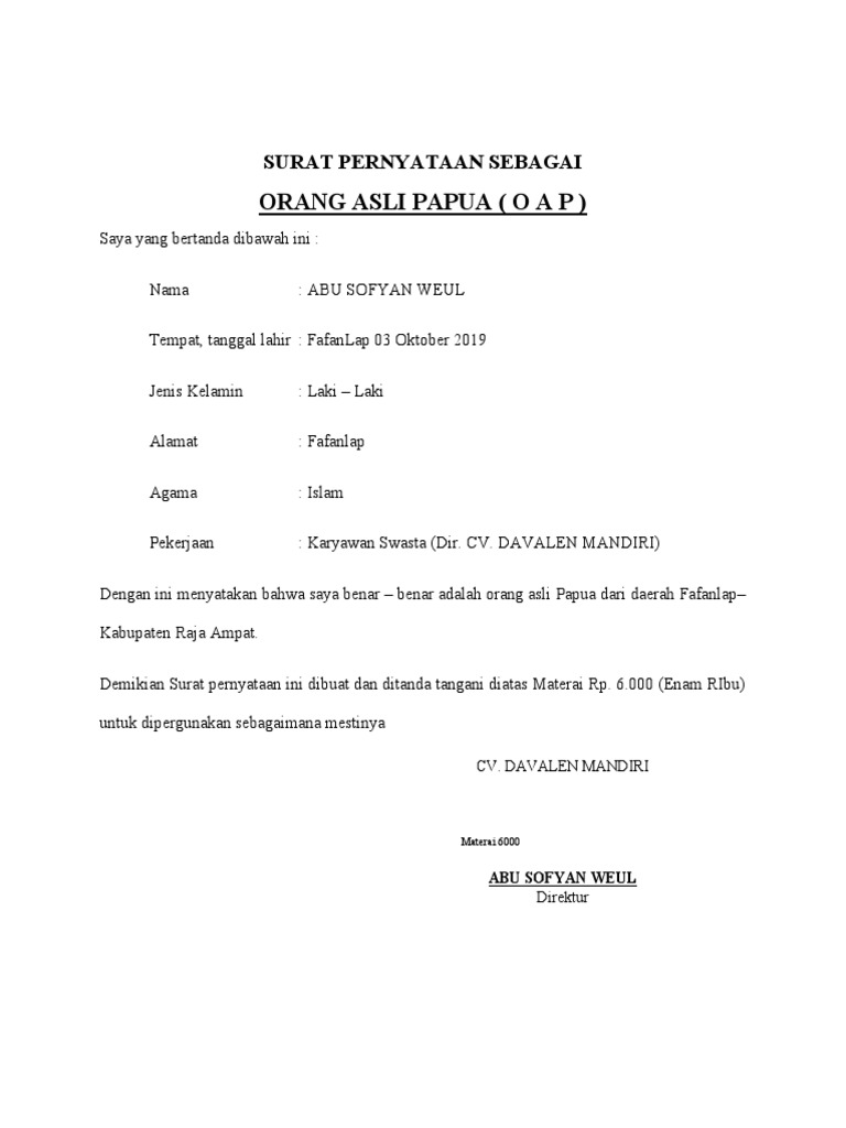 Surat Pernyataan Oap | PDF