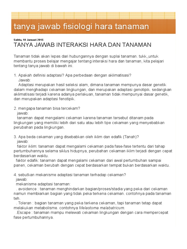 Mekanisme Adaptasi Tanaman Terhadap Cekaman Hara Pdf