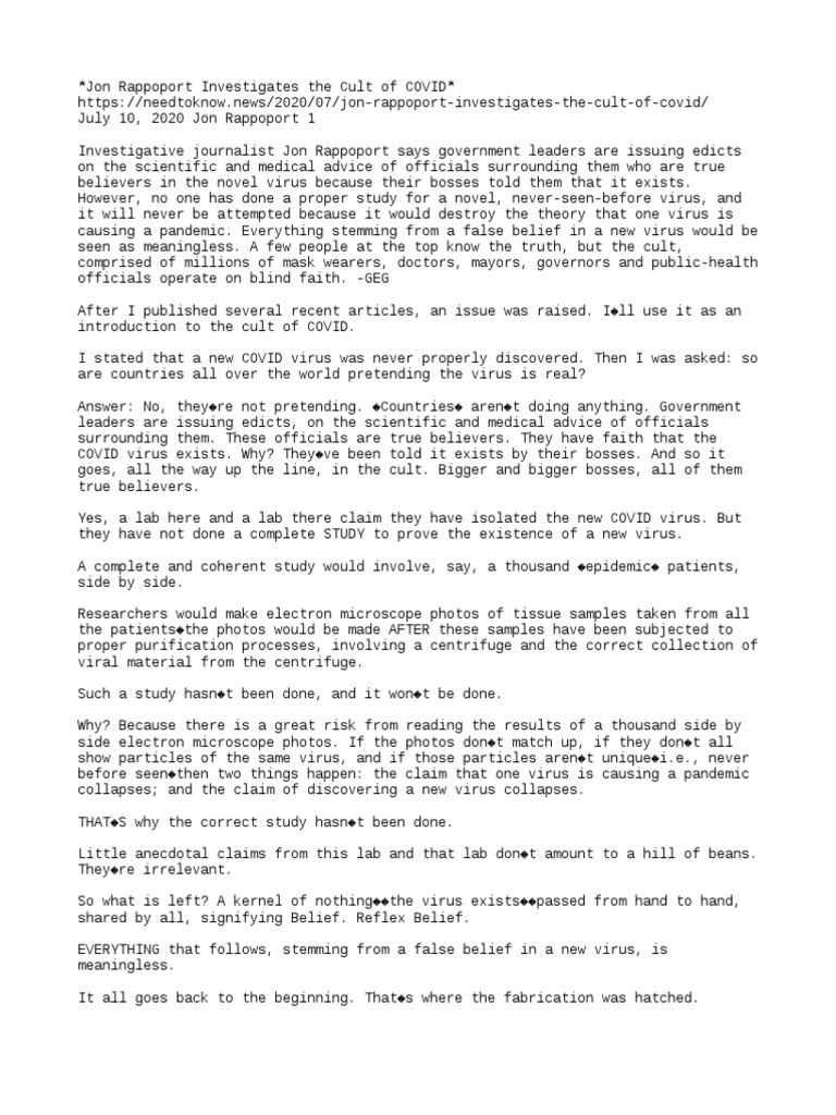 Jon Rappoport Investigates The Cult of COVID | PDF | Virus