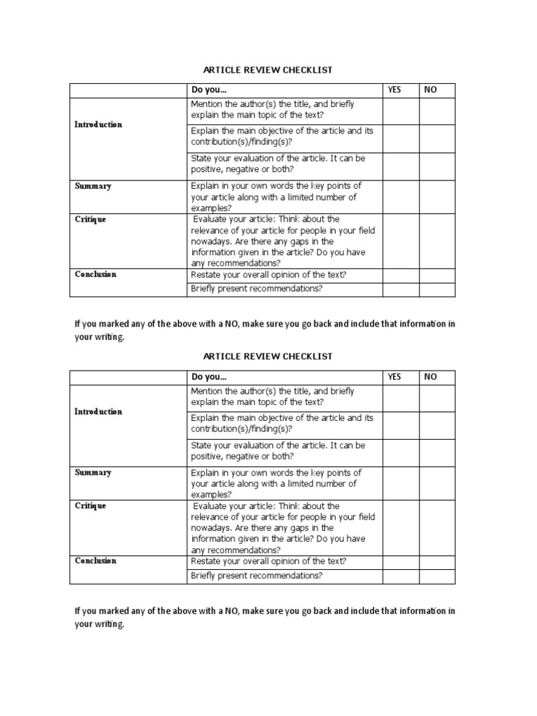 Article Review Checklist Guide | PDF | Cognition | Psychological Concepts