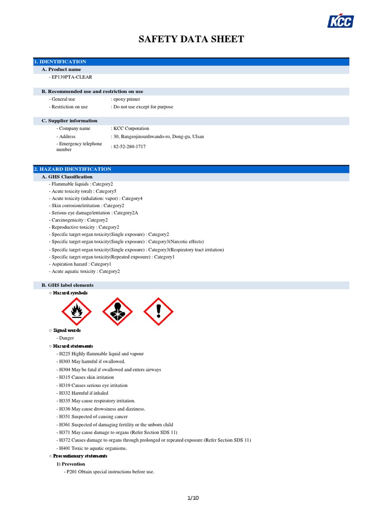 KCC MSDS EP139PTA-CLEAR Eng PDF | PDF | Toxicity | Safety