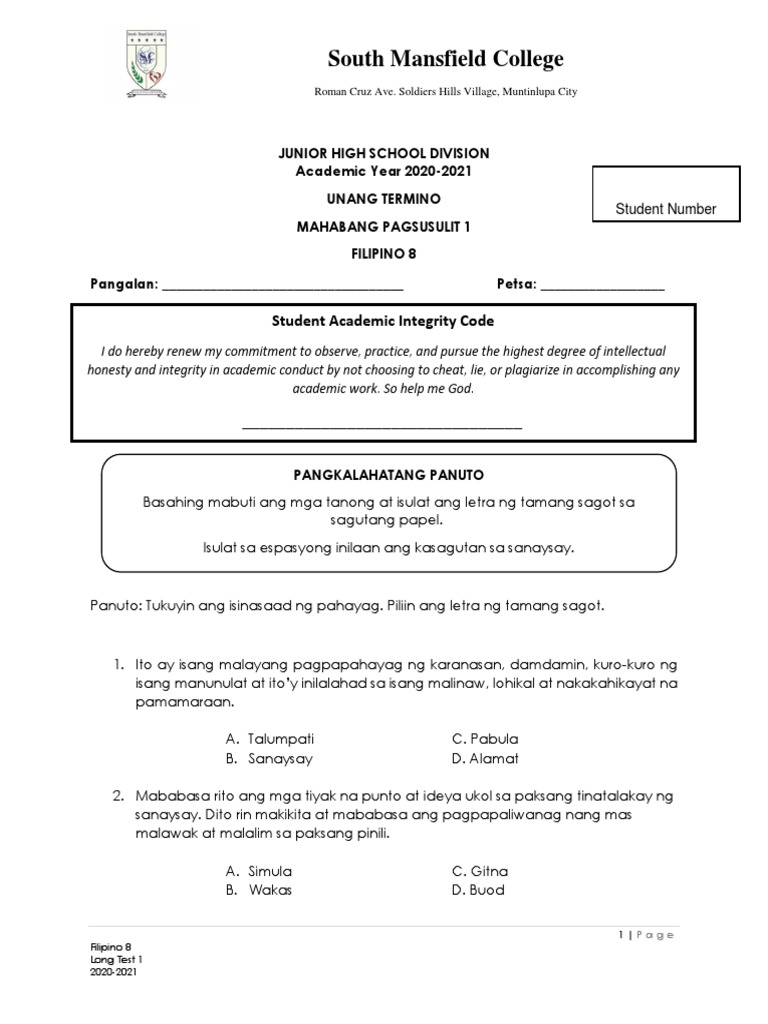 Filipino 8 - Long Test 1 - Final Revision | PDF