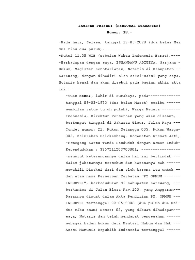 Contoh Jaminan Pribadi Kredit | PDF