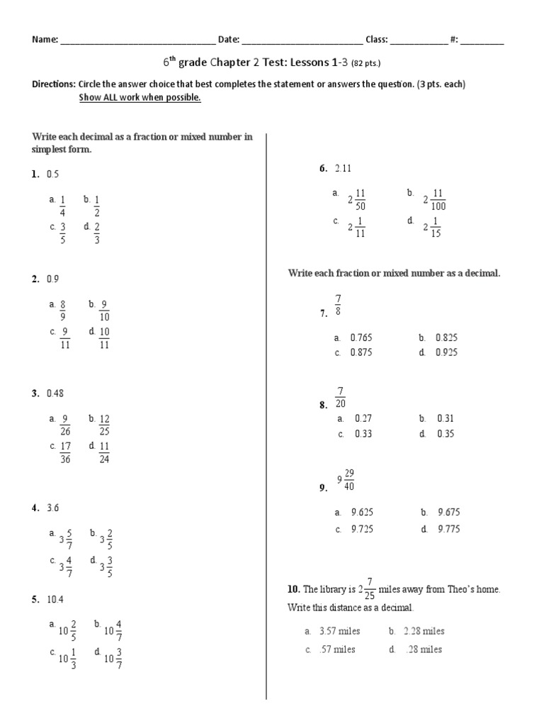 6th Grade Math Test: Decimals & Fractions | PDF | Fraction (Mathematics ...