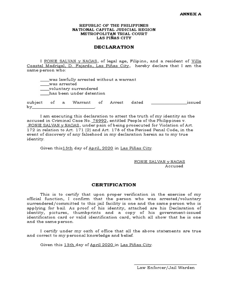Declaration and Certification | PDF | Identity Document | Bail