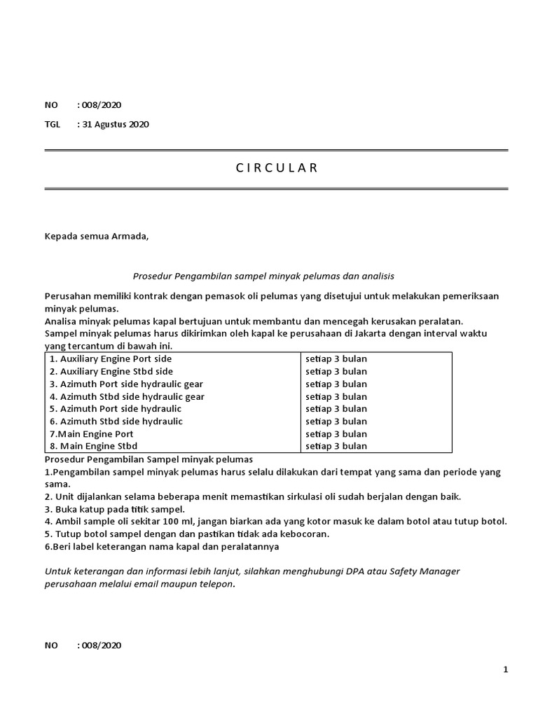Circular Lub Oil Sampling Procedure Fleet | PDF