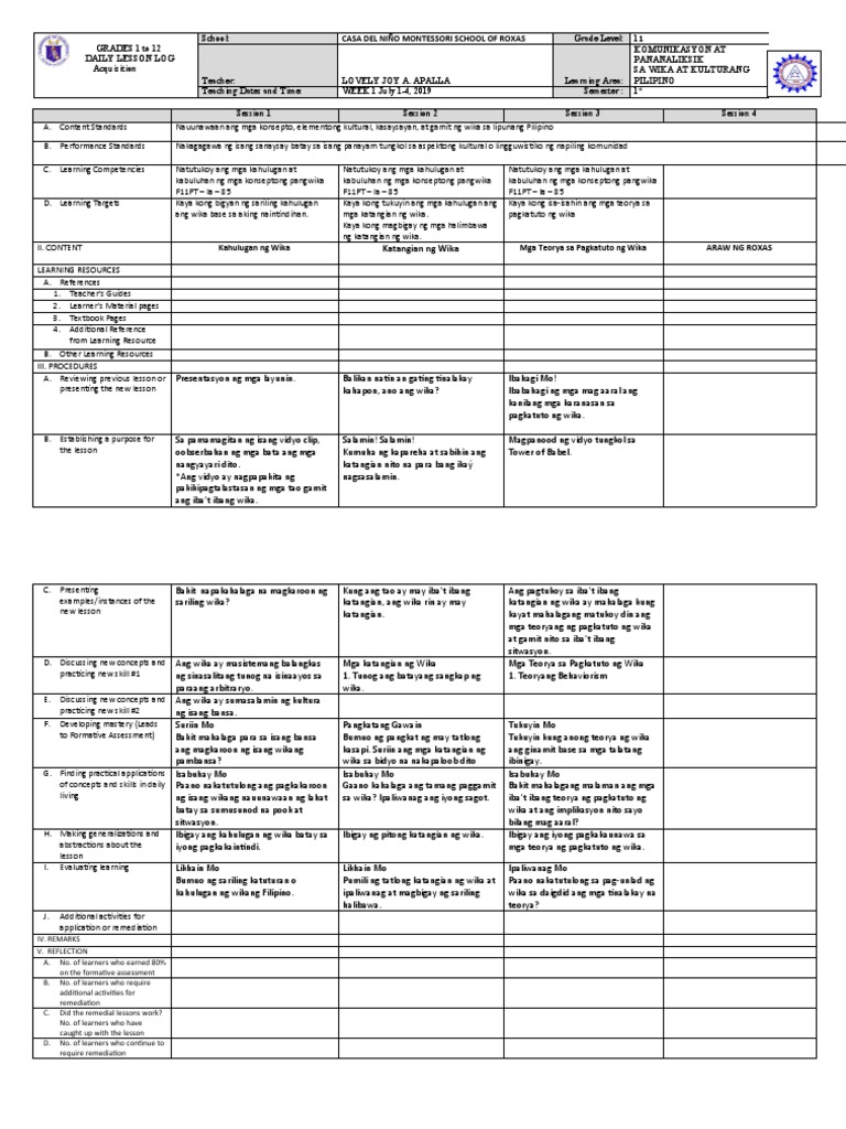 Grade 11 DLL Komunikasyon Q1 Week 1 | PDF