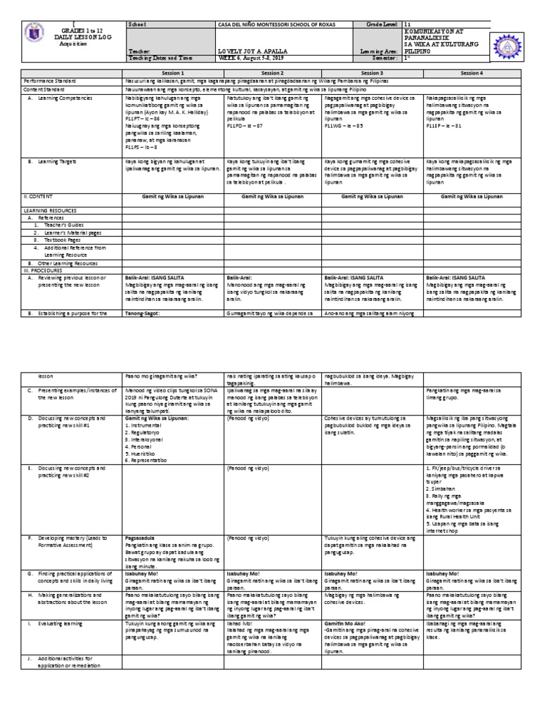 Grade 11 DLL Komunikasyon Q1 Week 6 | PDF