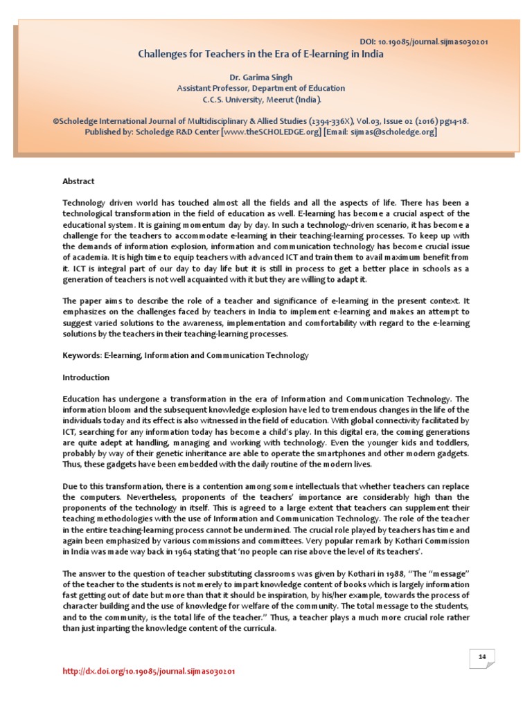 Challenges For Teachers in The Era of E-Learning I | PDF | Educational ...