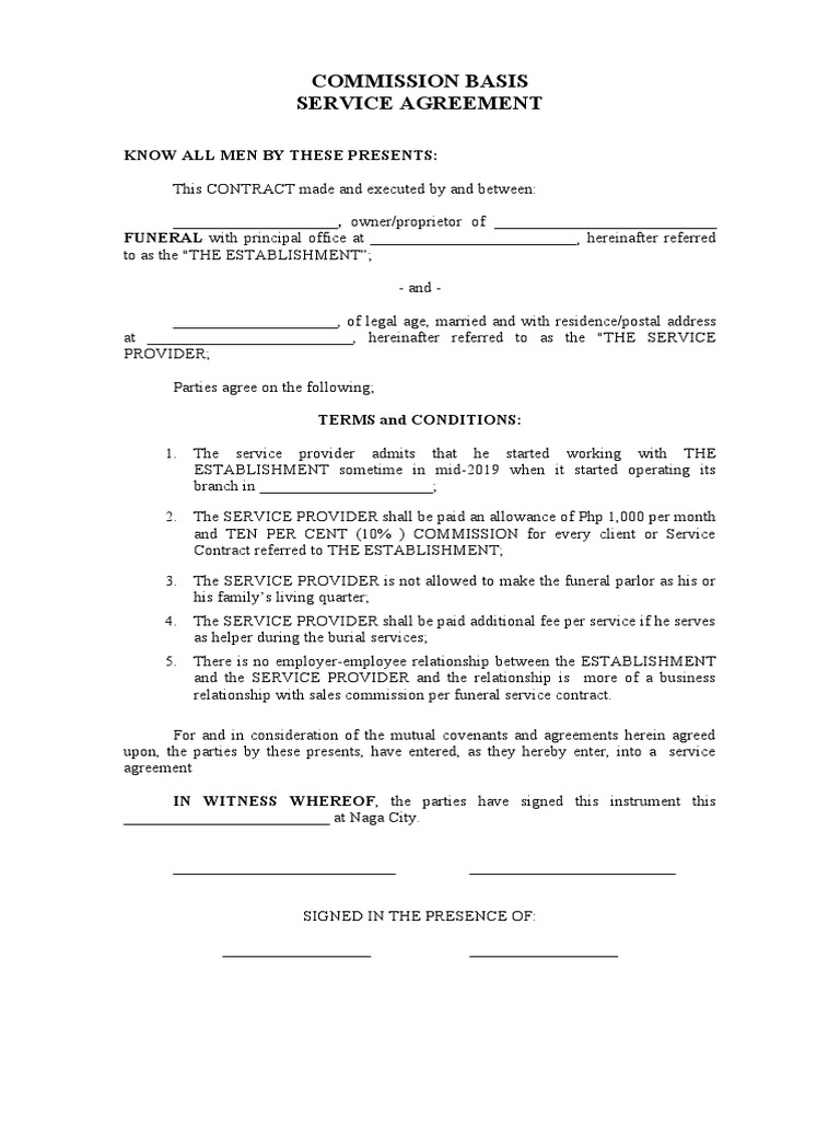 SERVICE AGREEMENT in Funeral Parlor Commissioin Basis | PDF | Social ...