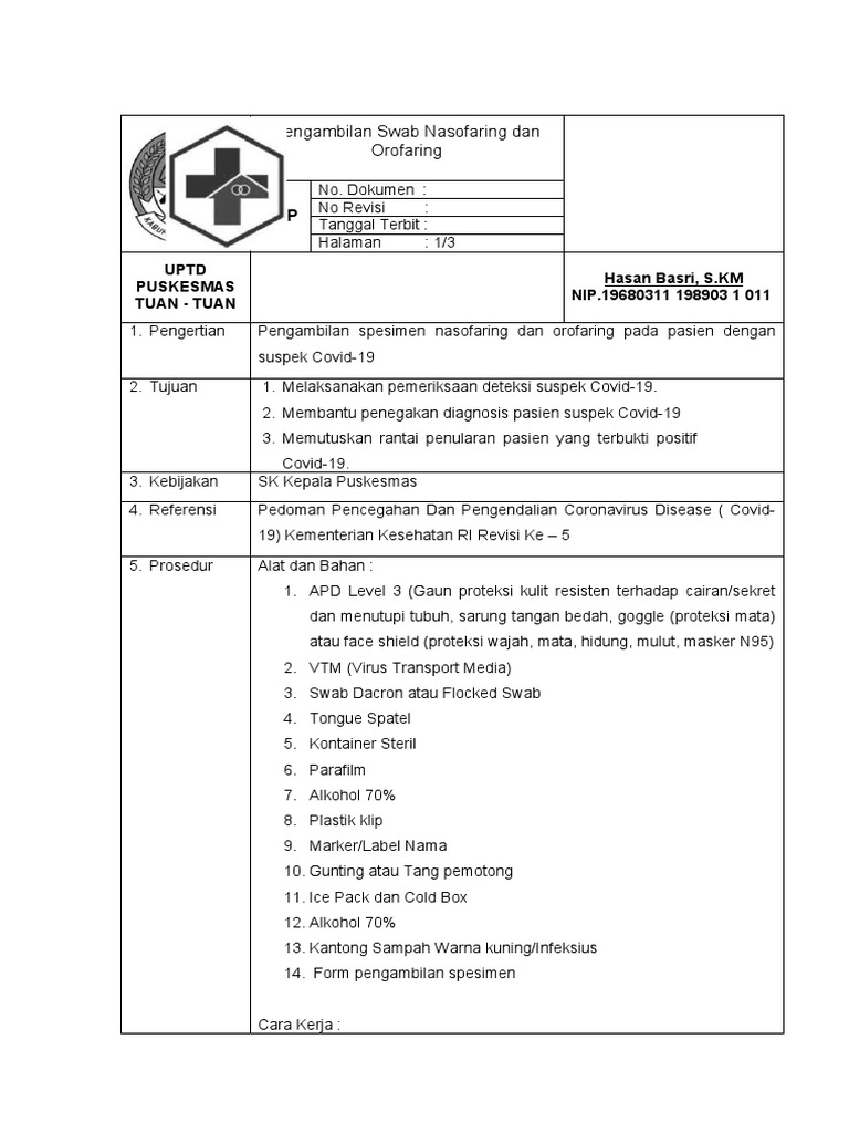 SOP Pengambilan Swab Naso Dan Oro | PDF