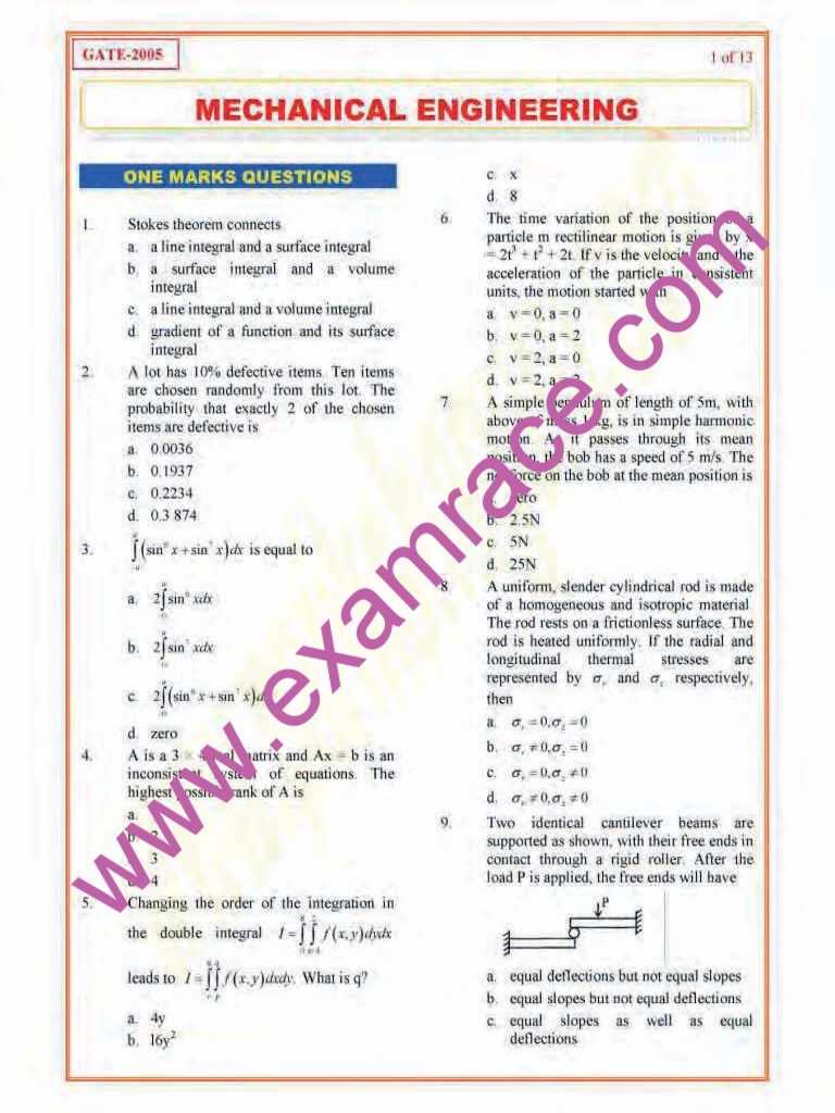 Mechanical Engineering Quiz | PDF | Force | Continuum Mechanics