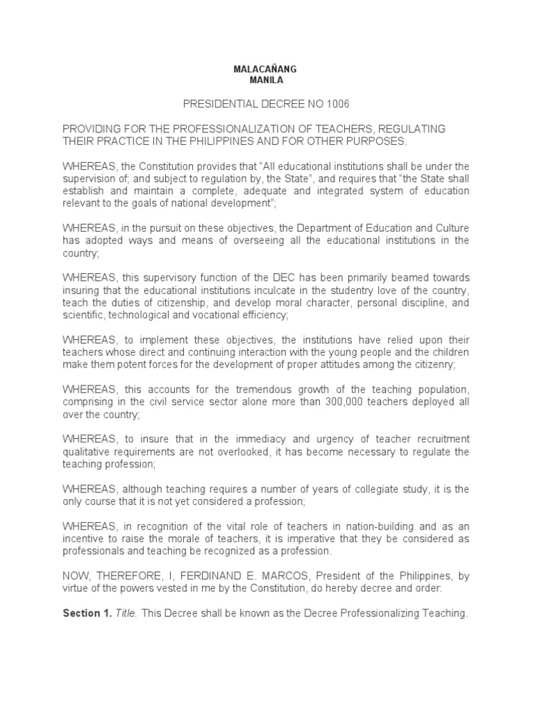 Malacañang Manila: Section 1. Title. This Decree Shall Be Known As The ...