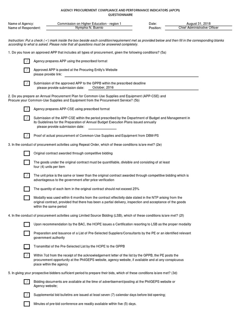 Apcpi Questionnaire PDF | PDF | Procurement | Internal Audit