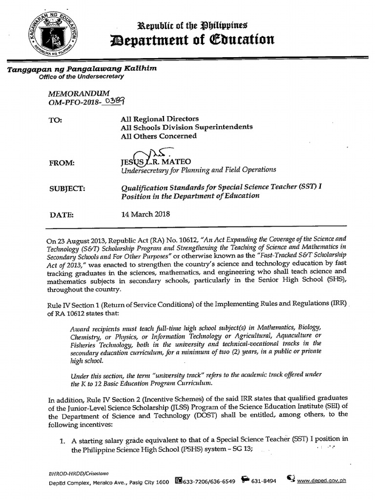 (MEMO) Qualification Standards For Special Science Teacher I Position ...